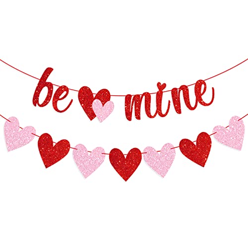 Valentines Day Banner Red and Pink Glittery Be Mine Banner Paper Heart Garland Banner for Valentines Day Decorations Wedding Proposal Engagement Bachelorette Party Decor Supplies - Pack of 2