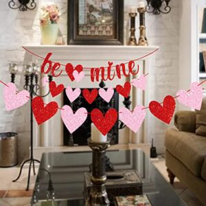 Valentines Day Banner Red and Pink Glittery Be Mine Banner Paper Heart Garland Banner for Valentines Day Decorations Wedding Proposal Engagement Bachelorette Party Decor Supplies - Pack of 2