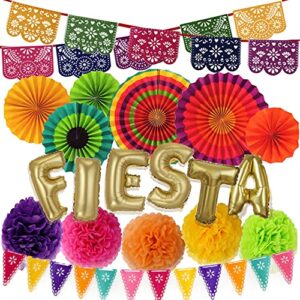 mexican fiesta party decorations – cinco de mayo – 6 paper fans, 5 flowers pom poms, papel picado, pennants garland, pdf games – taco bout tuesday, birthday, engagement supplies