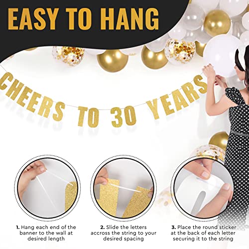 Pre-Strung Cheers to 30 Years Birthday Banner (Gold) - Dirty 30 Birthday Decorations for Him , 30th Birthday Decor , 30th Anniversary Decorations , Mens 30th Party Decorations & Supplies - By Prazoli