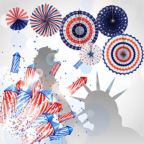 CrazyCharlie U.S. Patriotic Decorations,Include 6pcs Paper Fans and 15pcs DIY Red,White and Blue Tassel Garland with Rope for American Theme Party Patriotic Party Decorations