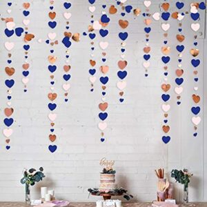 52 Ft Navy Blue Pink Rose Gold Love Heart Garland Royal Blush Hanging Streamer for Gender Reveal Baby Shower Anniversary Engagement Wedding Bridal Shower Birthday Valentines Day Party Decorations