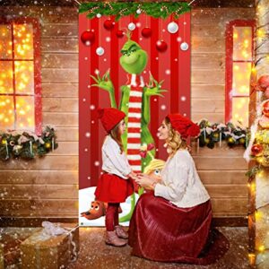 Grinch Christmas Decorations The Grinch Door Cover Red Backdrop Funny Xmas Hanging Banners Merry Christmas Porch Sign for Indoor Outside Front Door Party Supplies