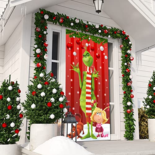 Grinch Christmas Decorations The Grinch Door Cover Red Backdrop Funny Xmas Hanging Banners Merry Christmas Porch Sign for Indoor Outside Front Door Party Supplies