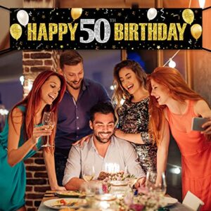 50th Birthday Banner Decorations for Men Women, Black Gold Happy 50 Birthday Yard Banner Sign Party Supplies, Fifty Year Old Birthday Party Decor for Indoor Outdoor