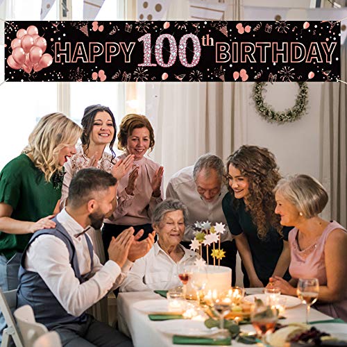 Pimvimcim Happy 100th Birthday Banner Decorations, Large 100th Birthday Party Sign, Rose Gold 100th Birthday Party Supplies for Women, 100 Years Old Birthday Photo Booth Backdrop (9.8x1.6ft)