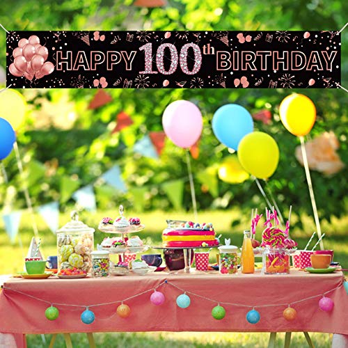 Pimvimcim Happy 100th Birthday Banner Decorations, Large 100th Birthday Party Sign, Rose Gold 100th Birthday Party Supplies for Women, 100 Years Old Birthday Photo Booth Backdrop (9.8x1.6ft)