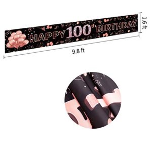 Pimvimcim Happy 100th Birthday Banner Decorations, Large 100th Birthday Party Sign, Rose Gold 100th Birthday Party Supplies for Women, 100 Years Old Birthday Photo Booth Backdrop (9.8x1.6ft)