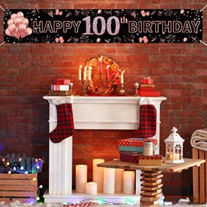 Pimvimcim Happy 100th Birthday Banner Decorations, Large 100th Birthday Party Sign, Rose Gold 100th Birthday Party Supplies for Women, 100 Years Old Birthday Photo Booth Backdrop (9.8x1.6ft)