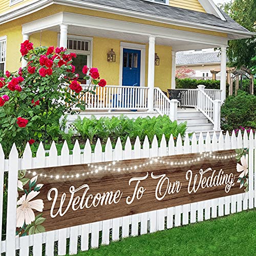 Welcome to Our Wedding Large Banner, Welcome to Our Beginning Banner Rustic Wedding Reception Decorations, Indoor Outdoor Backdrop 8.9 x 1.6 Feet