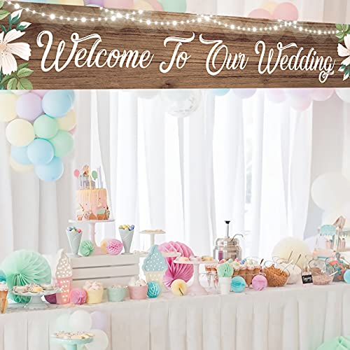 Welcome to Our Wedding Large Banner, Welcome to Our Beginning Banner Rustic Wedding Reception Decorations, Indoor Outdoor Backdrop 8.9 x 1.6 Feet