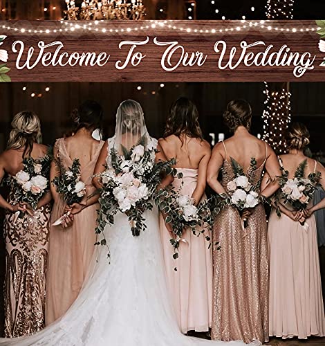 Welcome to Our Wedding Large Banner, Welcome to Our Beginning Banner Rustic Wedding Reception Decorations, Indoor Outdoor Backdrop 8.9 x 1.6 Feet