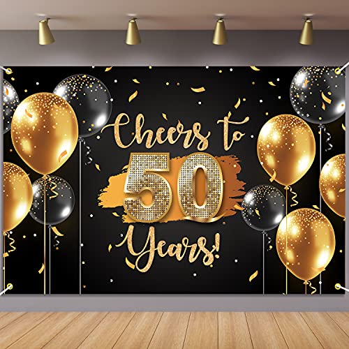 Cheers to 50 Years Backdrop Banner Happy 50th Birthday Background Decorations for Women Men Her Him Anniversary Photography Party Supplies Black Gold(1)