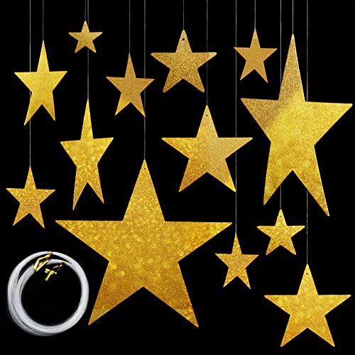 Maitys Hanging Star Cutouts with 4 Sizes (6cm/12cm/20cm/30cm) Shining Finish Star Yard Decorations Party Decor with 50 m Nylon Beading Fishing Line (Gold, 24)