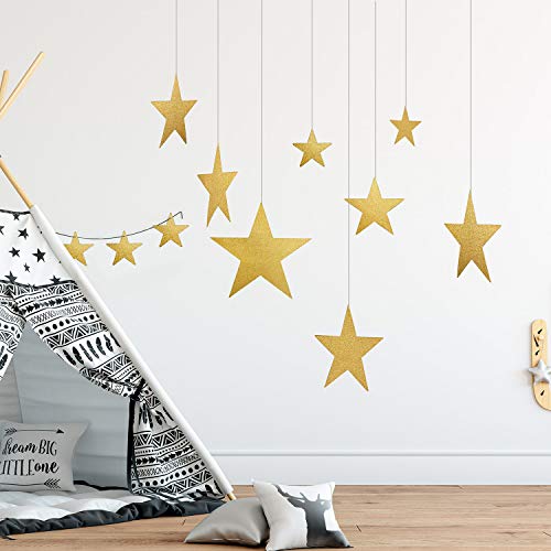 Maitys Hanging Star Cutouts with 4 Sizes (6cm/12cm/20cm/30cm) Shining Finish Star Yard Decorations Party Decor with 50 m Nylon Beading Fishing Line (Gold, 24)