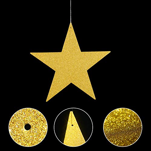 Maitys Hanging Star Cutouts with 4 Sizes (6cm/12cm/20cm/30cm) Shining Finish Star Yard Decorations Party Decor with 50 m Nylon Beading Fishing Line (Gold, 24)