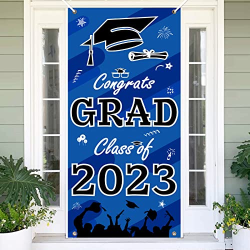 2023 Graduation Decorations, Class of 2023 Graduation Banner Porch Sign for Grad Party Supplies Blue and Black Graduation Party Decorations