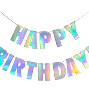 CareCheer Pre-Strung Happy Birthday Sign - NO DIY - Holographic Hanging Banner Iridescent White Bunting String Flag Garland for Party Decorations