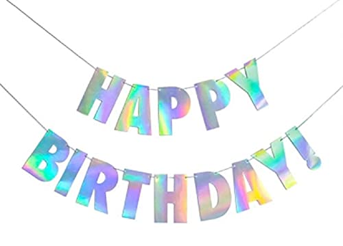 CareCheer Pre-Strung Happy Birthday Sign - NO DIY - Holographic Hanging Banner Iridescent White Bunting String Flag Garland for Party Decorations