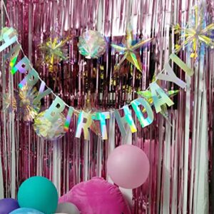 CareCheer Pre-Strung Happy Birthday Sign - NO DIY - Holographic Hanging Banner Iridescent White Bunting String Flag Garland for Party Decorations