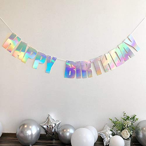 CareCheer Pre-Strung Happy Birthday Sign - NO DIY - Holographic Hanging Banner Iridescent White Bunting String Flag Garland for Party Decorations