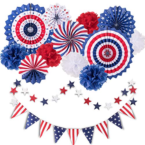 Whaline 14Pcs Patriotic Party Decorations Set, 4th of July American Flag Party Supplies Hanging Paper Fans, Paper Flower Balls, Star Streamers, USA Flag Pennant Bunting Party Favors