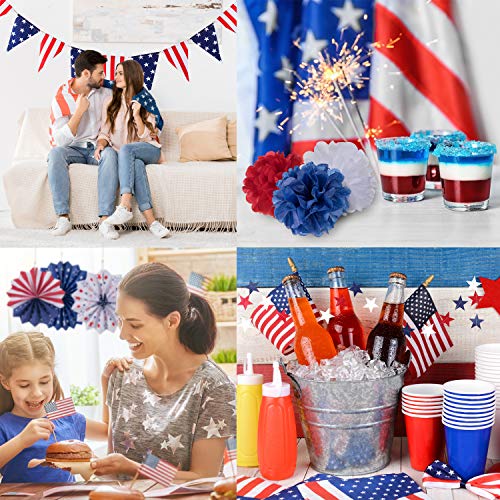 Whaline 14Pcs Patriotic Party Decorations Set, 4th of July American Flag Party Supplies Hanging Paper Fans, Paper Flower Balls, Star Streamers, USA Flag Pennant Bunting Party Favors