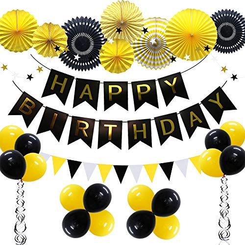 ADLKGG Yellow Black Party Birthday Decoration, Happy Birthday Banner with Balloons, Triangular Pennants, Hanging Swirls, Paper Fans, Circle Star Paper Garland for Baby Shower Bumble Bee Theme Birthday