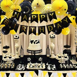 ADLKGG Yellow Black Party Birthday Decoration, Happy Birthday Banner with Balloons, Triangular Pennants, Hanging Swirls, Paper Fans, Circle Star Paper Garland for Baby Shower Bumble Bee Theme Birthday