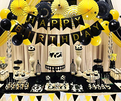 ADLKGG Yellow Black Party Birthday Decoration, Happy Birthday Banner with Balloons, Triangular Pennants, Hanging Swirls, Paper Fans, Circle Star Paper Garland for Baby Shower Bumble Bee Theme Birthday