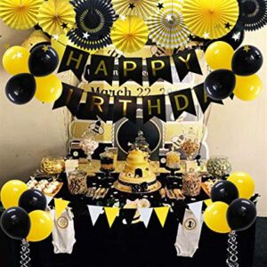 ADLKGG Yellow Black Party Birthday Decoration, Happy Birthday Banner with Balloons, Triangular Pennants, Hanging Swirls, Paper Fans, Circle Star Paper Garland for Baby Shower Bumble Bee Theme Birthday