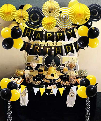 ADLKGG Yellow Black Party Birthday Decoration, Happy Birthday Banner with Balloons, Triangular Pennants, Hanging Swirls, Paper Fans, Circle Star Paper Garland for Baby Shower Bumble Bee Theme Birthday