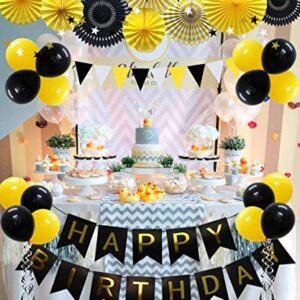 ADLKGG Yellow Black Party Birthday Decoration, Happy Birthday Banner with Balloons, Triangular Pennants, Hanging Swirls, Paper Fans, Circle Star Paper Garland for Baby Shower Bumble Bee Theme Birthday