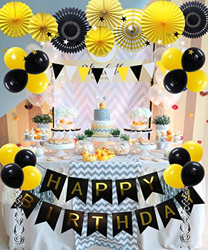 ADLKGG Yellow Black Party Birthday Decoration, Happy Birthday Banner with Balloons, Triangular Pennants, Hanging Swirls, Paper Fans, Circle Star Paper Garland for Baby Shower Bumble Bee Theme Birthday