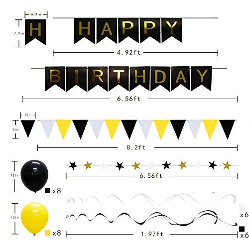 ADLKGG Yellow Black Party Birthday Decoration, Happy Birthday Banner with Balloons, Triangular Pennants, Hanging Swirls, Paper Fans, Circle Star Paper Garland for Baby Shower Bumble Bee Theme Birthday