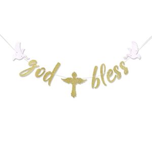 yesswl god bless banner – golden glitter boy/girl baptism banner, god bless banner baptism, first holy communion baby shower banner party decorations, baby baptism shower