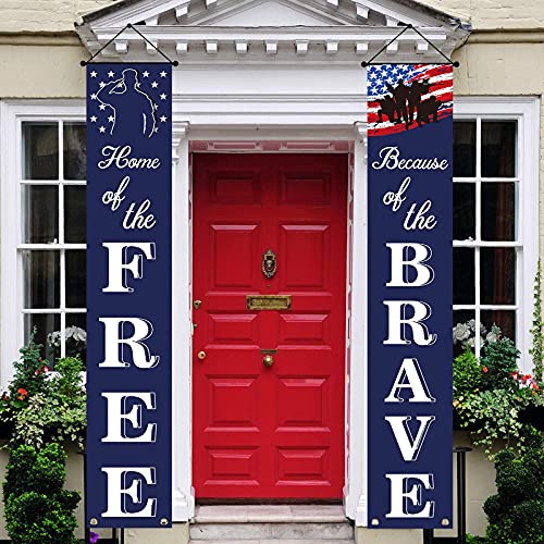 Patriotic Soldier Porch Sign Banners -“HOME of the FREE” and “Because of the BRAVE”- 4th of July Decor - American Flag Hanging Banner for Independence Day/ Memorial Day/ Veterans Day/ Labor Day