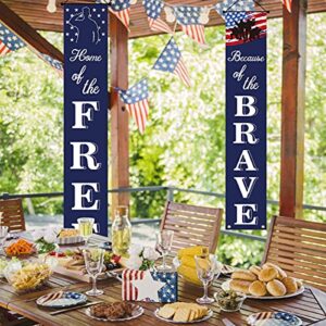 Patriotic Soldier Porch Sign Banners -“HOME of the FREE” and “Because of the BRAVE”- 4th of July Decor - American Flag Hanging Banner for Independence Day/ Memorial Day/ Veterans Day/ Labor Day