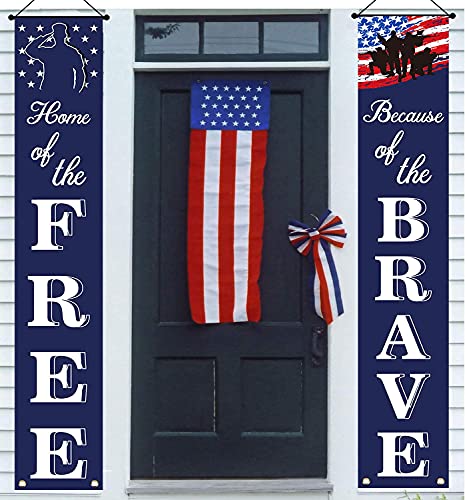 Patriotic Soldier Porch Sign Banners -“HOME of the FREE” and “Because of the BRAVE”- 4th of July Decor - American Flag Hanging Banner for Independence Day/ Memorial Day/ Veterans Day/ Labor Day