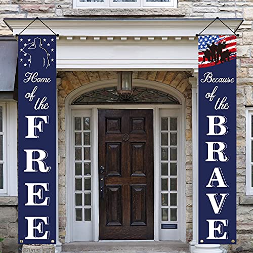 Patriotic Soldier Porch Sign Banners -“HOME of the FREE” and “Because of the BRAVE”- 4th of July Decor - American Flag Hanging Banner for Independence Day/ Memorial Day/ Veterans Day/ Labor Day