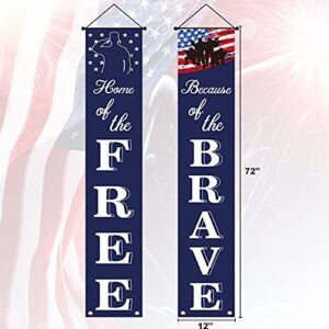 Patriotic Soldier Porch Sign Banners -“HOME of the FREE” and “Because of the BRAVE”- 4th of July Decor - American Flag Hanging Banner for Independence Day/ Memorial Day/ Veterans Day/ Labor Day