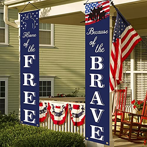 Patriotic Soldier Porch Sign Banners -“HOME of the FREE” and “Because of the BRAVE”- 4th of July Decor - American Flag Hanging Banner for Independence Day/ Memorial Day/ Veterans Day/ Labor Day