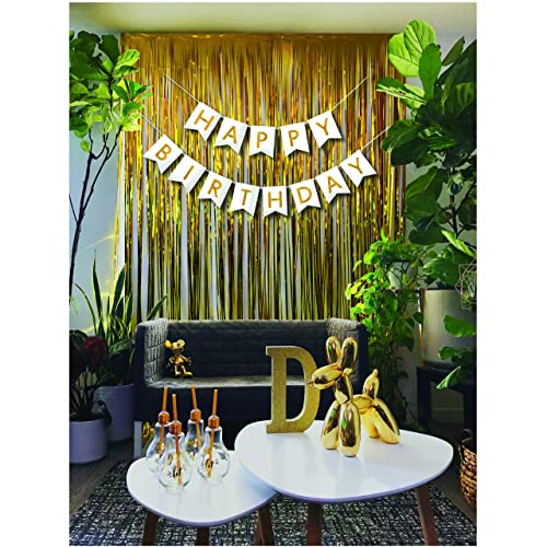 White and Gold Happy Birthday Banner Sign with Two Matching Gold Curtains Sturdy Preassembled Party Decorations by Dream VZN