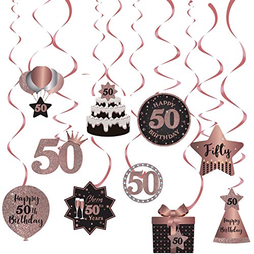 Happy 50th Birthday Party Hanging Swirls Streams Ceiling Decorations, Celebration 50 Foil Hanging Swirls with Cutouts for 50 Years Rose Gold Birthday Party Decorations Supplies