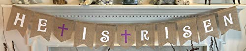 HE IS RISEN Burlap Banner - Easter Bunting Decoration with Crosses - Religious Holiday Bunting Wall Hanging - Ready to Hang Church Prop Decorations by Jolly Jon