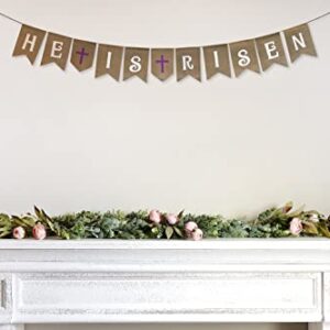 HE IS RISEN Burlap Banner - Easter Bunting Decoration with Crosses - Religious Holiday Bunting Wall Hanging - Ready to Hang Church Prop Decorations by Jolly Jon