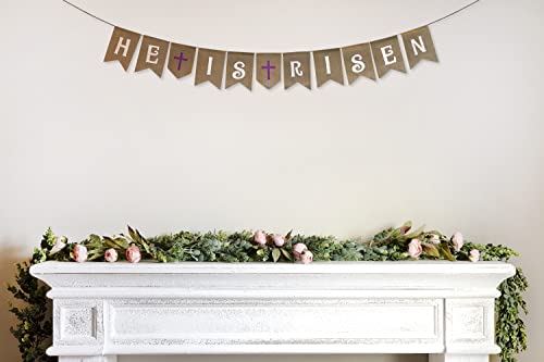 HE IS RISEN Burlap Banner - Easter Bunting Decoration with Crosses - Religious Holiday Bunting Wall Hanging - Ready to Hang Church Prop Decorations by Jolly Jon