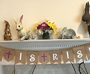 HE IS RISEN Burlap Banner - Easter Bunting Decoration with Crosses - Religious Holiday Bunting Wall Hanging - Ready to Hang Church Prop Decorations by Jolly Jon