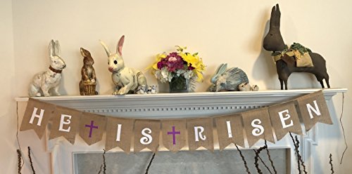 HE IS RISEN Burlap Banner - Easter Bunting Decoration with Crosses - Religious Holiday Bunting Wall Hanging - Ready to Hang Church Prop Decorations by Jolly Jon