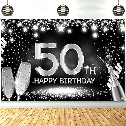 Happy 50th Birthday Banner Backdrop Silver and Black Champagne Glasses 50 Years Old Background Bday Decorations for Women Men Her Him Photography Party Supplies Glitter